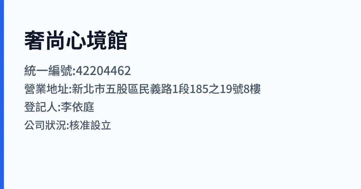 奢尚心境館 - 統編 42204462(新北市) 公司登記資料與營業項目詳細圖表