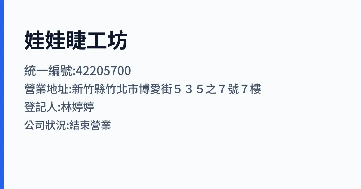 娃娃睫工坊 - 統編 42205700(新竹縣) 公司登記資料與營業項目詳細圖表