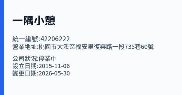 一隅小憩的照片-統編 42206222(桃園市) 公司登記資料與營業項目詳細圖表