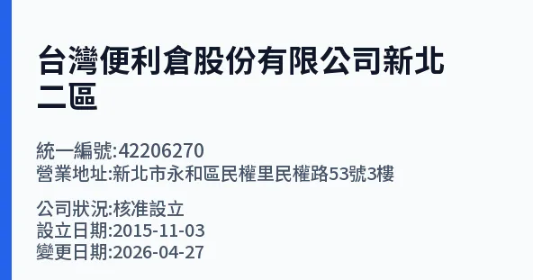 台灣便利倉股份有限公司新北二區的照片-統編 42206270(新北市) 公司登記資料與營業項目詳細圖表