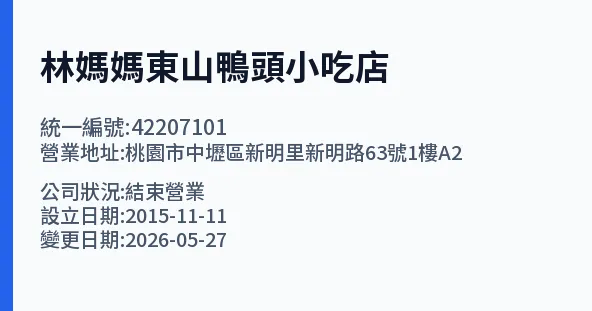 林媽媽東山鴨頭小吃店的照片-統編 42207101(桃園市) 公司登記資料與營業項目詳細圖表
