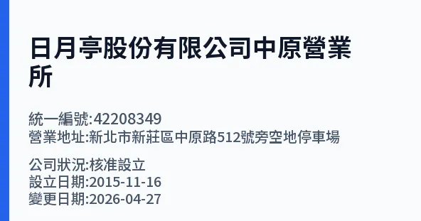 日月亭股份有限公司中原營業所的照片-統編 42208349(新北市) 公司登記資料與營業項目詳細圖表