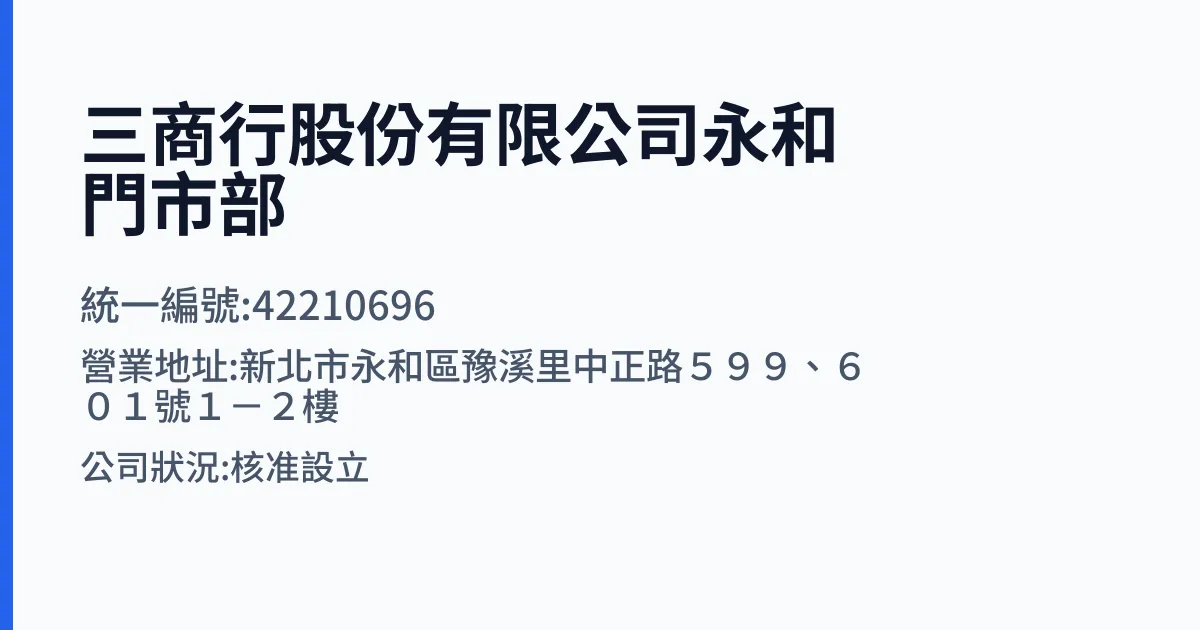 三商行股份有限公司永和門市部 - 統編 42210696(新北市) 公司登記資料與營業項目詳細圖表