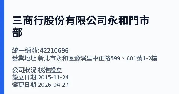 三商行股份有限公司永和門市部的照片-統編 42210696(新北市) 公司登記資料與營業項目詳細圖表