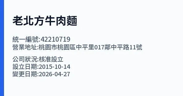 老北方牛肉麵的照片-統編 42210719(桃園市) 公司登記資料與營業項目詳細圖表