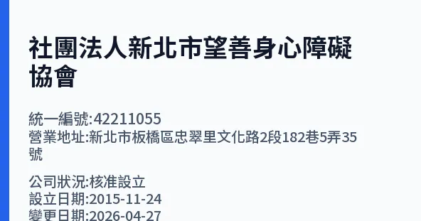 社團法人新北市望善身心障礙協會的照片-統編 42211055(新北市) 公司登記資料與營業項目詳細圖表