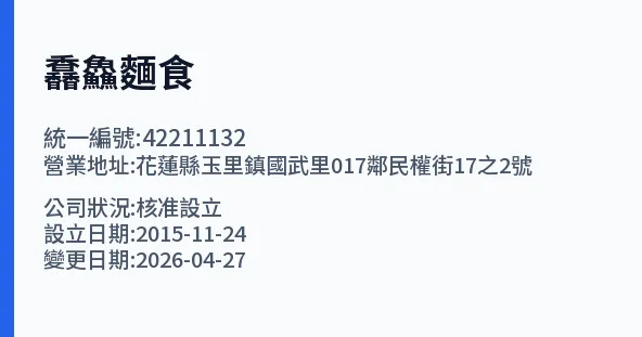 馫鱻麵食的照片-統編 42211132(花蓮縣) 公司登記資料與營業項目詳細圖表