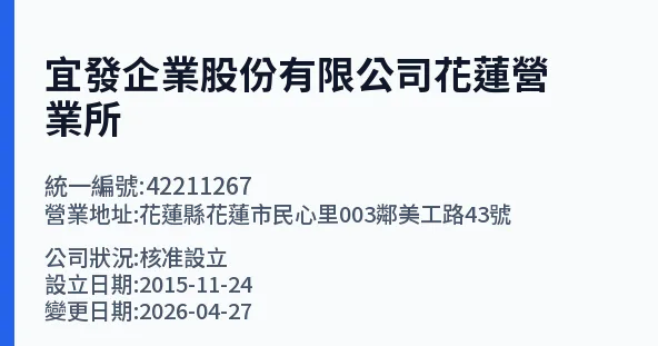 宜發企業股份有限公司花蓮營業所的照片-統編 42211267(花蓮縣) 公司登記資料與營業項目詳細圖表