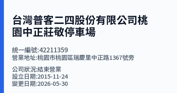 台灣普客二四股份有限公司桃園中正莊敬停車場的照片-統編 42211359(桃園市) 公司登記資料與營業項目詳細圖表