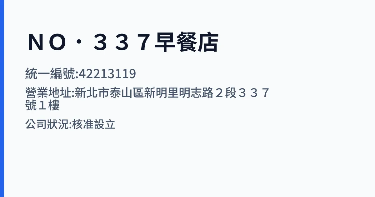 ＮＯ．３３７早餐店 - 統編 42213119(新北市) 公司登記資料與營業項目詳細圖表