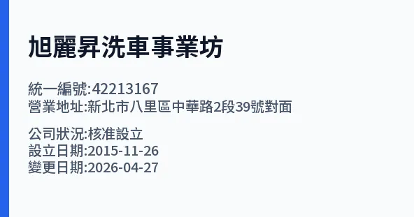 旭麗昇洗車事業坊的照片-統編 42213167(新北市) 公司登記資料與營業項目詳細圖表