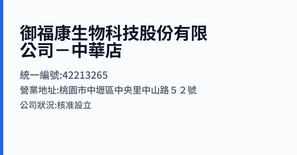 御福康生物科技股份有限公司－中華店 - 統編 42213265(桃園市) 公司登記資料與營業項目詳細圖表