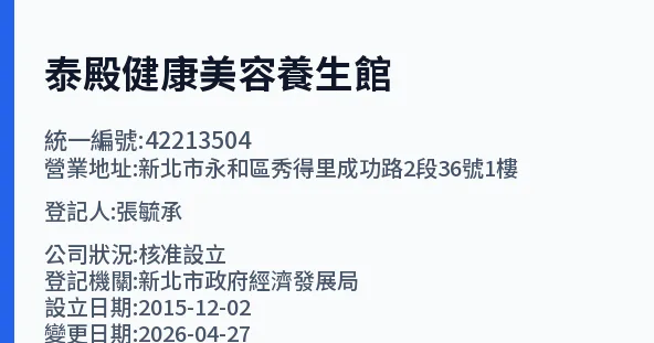泰殿健康美容養生館的照片-統編 42213504(新北市) 公司登記資料與營業項目詳細圖表