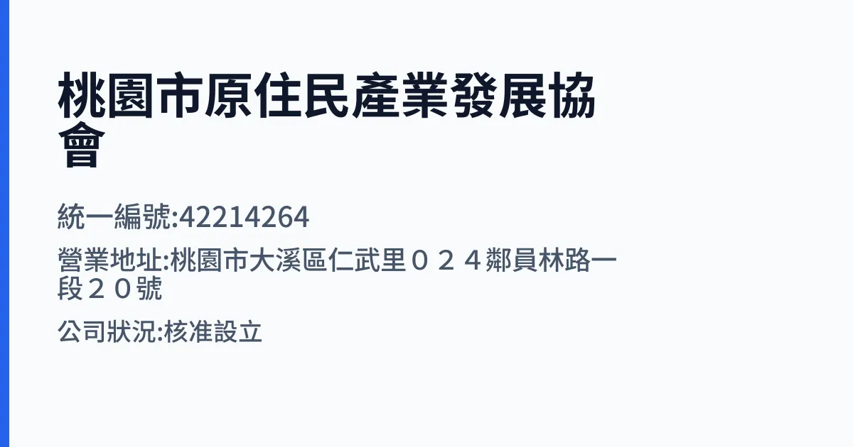 桃園市原住民產業發展協會 - 統編 42214264(桃園市) 公司登記資料與營業項目詳細圖表
