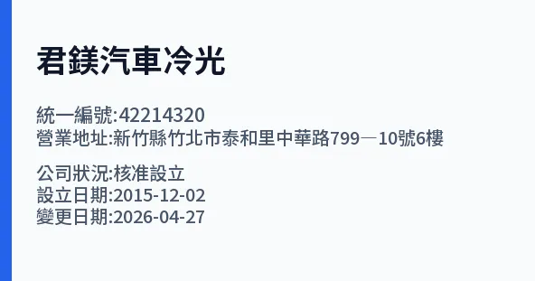 君鎂汽車冷光的照片-統編 42214320(新竹縣) 公司登記資料與營業項目詳細圖表