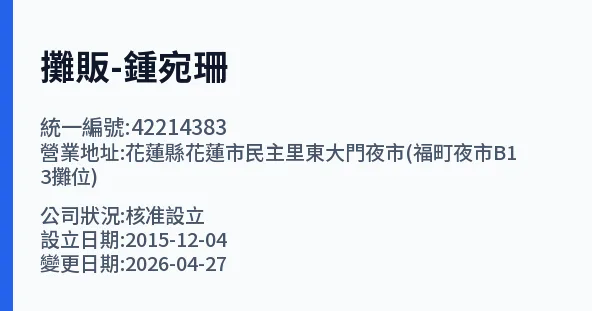 攤販-鍾宛珊的照片-統編 42214383(花蓮縣) 公司登記資料與營業項目詳細圖表