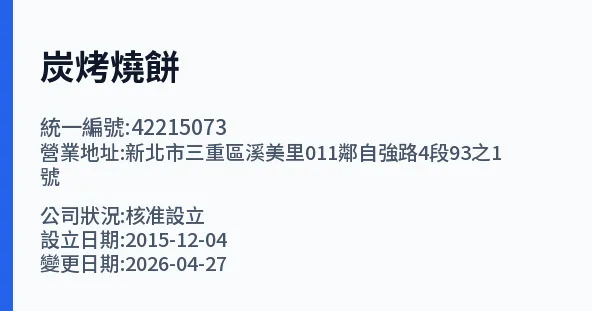 炭烤燒餅的照片-統編 42215073(新北市) 公司登記資料與營業項目詳細圖表