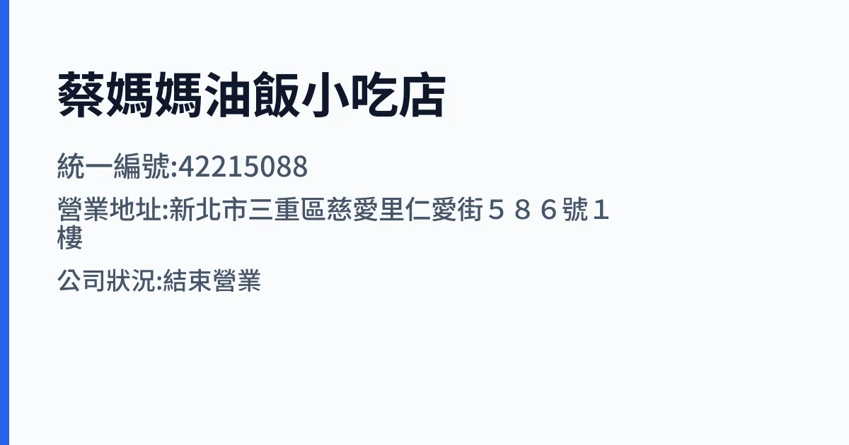 蔡媽媽油飯小吃店 - 統編 42215088（新北市） 公司登記資料與營業項目詳細圖表