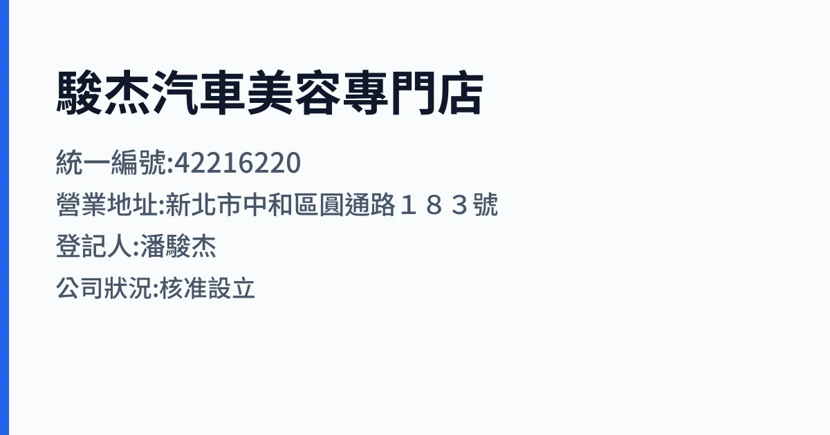 駿杰汽車美容專門店 - 統編 42216220(新北市) 公司登記資料與營業項目詳細圖表