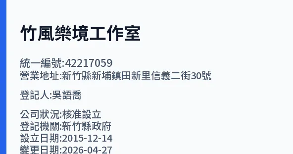 竹風樂境工作室的照片-統編 42217059(新竹縣) 公司登記資料與營業項目詳細圖表