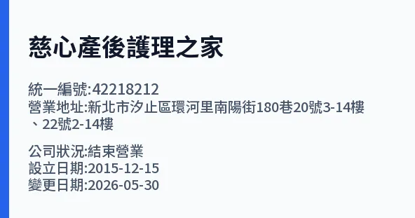 慈心產後護理之家的照片-統編 42218212(新北市) 公司登記資料與營業項目詳細圖表