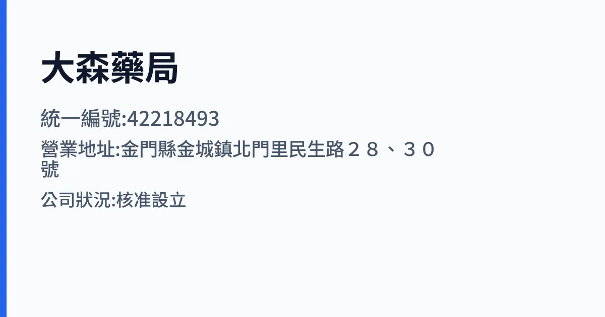 大森藥局 - 統編 42218493(金門縣) 公司登記資料與營業項目詳細圖表