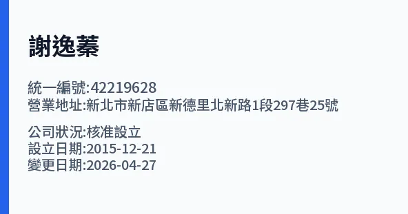 謝逸蓁的照片-統編 42219628(新北市) 公司登記資料與營業項目詳細圖表