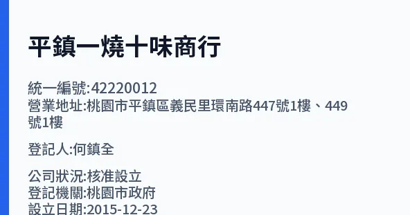 平鎮一燒十味商行的照片-統編 42220012(桃園市) 公司登記資料與營業項目詳細圖表