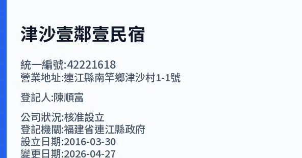 津沙壹鄰壹民宿的照片-統編 42221618(連江縣) 公司登記資料與營業項目詳細圖表