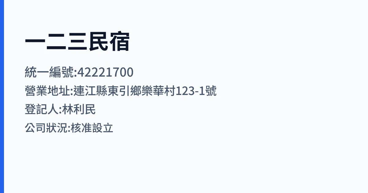 一二三民宿 - 統編 42221700(連江縣) 公司登記資料與營業項目詳細圖表