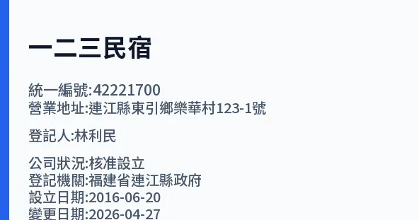 一二三民宿的照片-統編 42221700(連江縣) 公司登記資料與營業項目詳細圖表