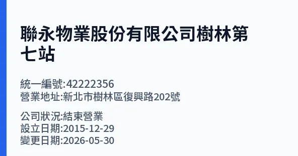 聯永物業股份有限公司樹林第七站的照片-統編 42222356(新北市) 公司登記資料與營業項目詳細圖表