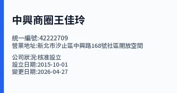 中興商圈王佳玲的照片-統編 42222709(新北市) 公司登記資料與營業項目詳細圖表