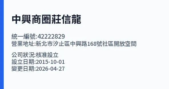 中興商圈莊信龍的照片-統編 42222829(新北市) 公司登記資料與營業項目詳細圖表