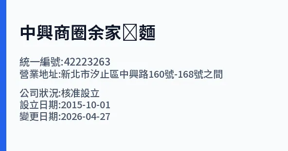 中興商圈余家焿麵的照片-統編 42223263(新北市) 公司登記資料與營業項目詳細圖表