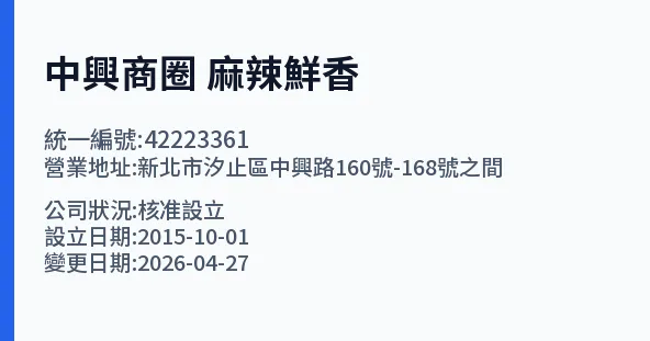 中興商圈 麻辣鮮香的照片-統編 42223361(新北市) 公司登記資料與營業項目詳細圖表
