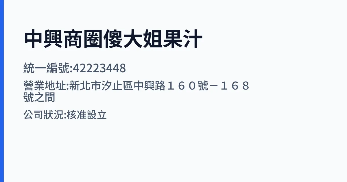 中興商圈傻大姐果汁 - 統編 42223448(新北市) 公司登記資料與營業項目詳細圖表