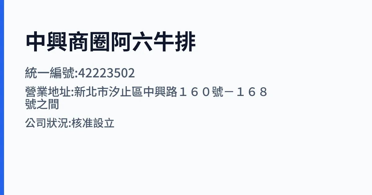 中興商圈阿六牛排 - 統編 42223502(新北市) 公司登記資料與營業項目詳細圖表