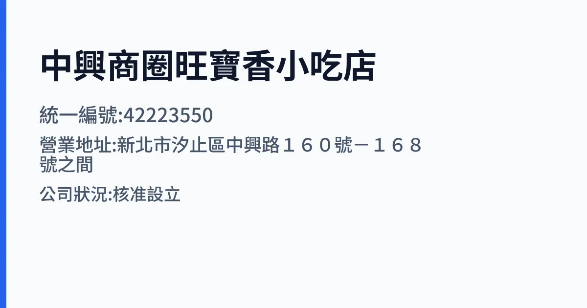 中興商圈旺寶香小吃店 - 統編 42223550(新北市) 公司登記資料與營業項目詳細圖表