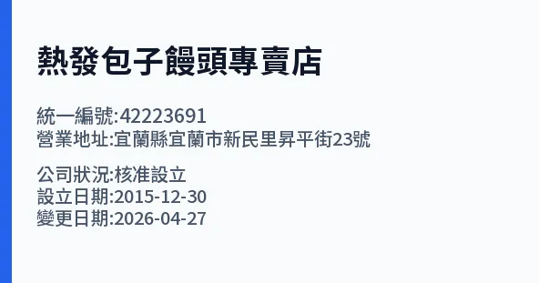 熱發包子饅頭專賣店的照片-統編 42223691(宜蘭縣) 公司登記資料與營業項目詳細圖表
