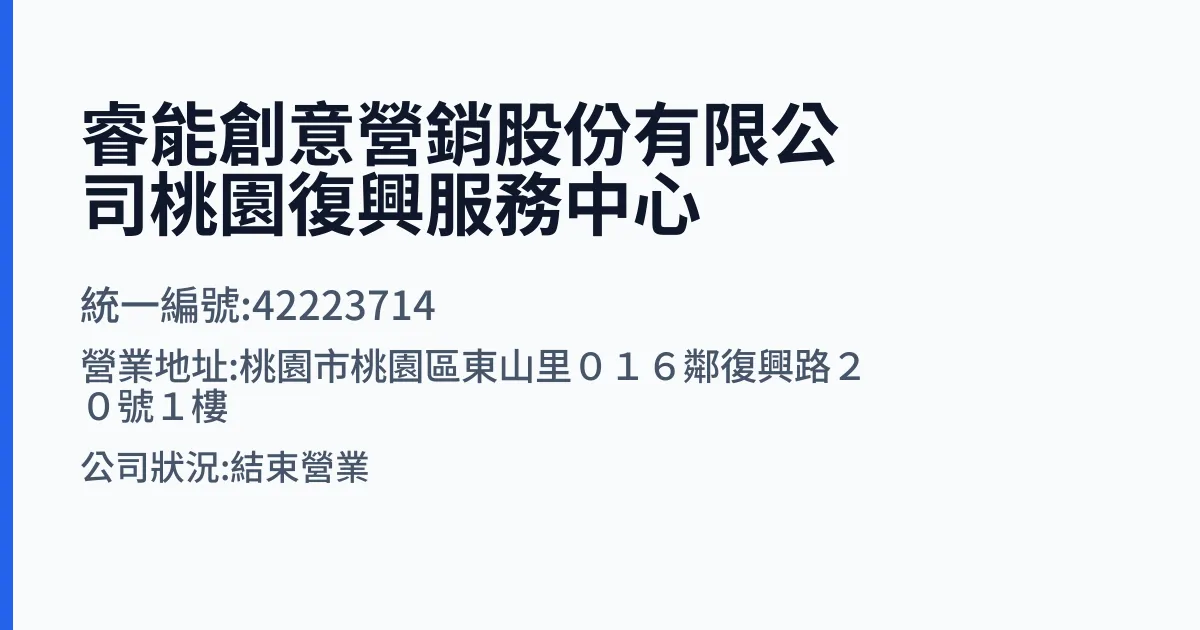 睿能創意營銷股份有限公司桃園復興服務中心 - 統編 42223714(桃園市) 公司登記資料與營業項目詳細圖表