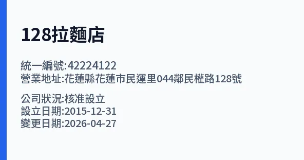 128拉麵店的照片-統編 42224122(花蓮縣) 公司登記資料與營業項目詳細圖表