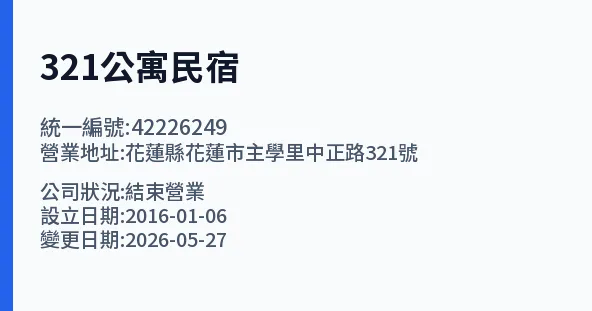 321公寓民宿的照片-統編 42226249(花蓮縣) 公司登記資料與營業項目詳細圖表