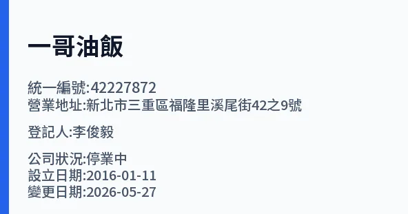 一哥油飯的照片-統編 42227872(新北市) 公司登記資料與營業項目詳細圖表