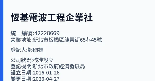 恆基電波工程企業社的照片-統編 42228669(新北市) 公司登記資料與營業項目詳細圖表
