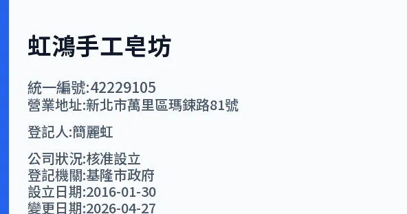虹鴻手工皂坊的照片-統編 42229105(新北市) 公司登記資料與營業項目詳細圖表
