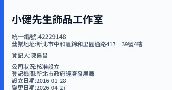 小健先生飾品工作室的照片-統編 42229148(新北市) 公司登記資料與營業項目詳細圖表