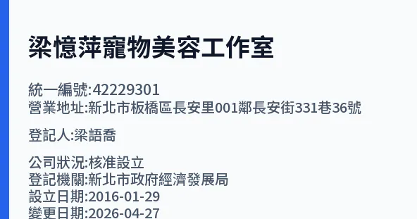 梁憶萍寵物美容工作室的照片-統編 42229301(新北市) 公司登記資料與營業項目詳細圖表