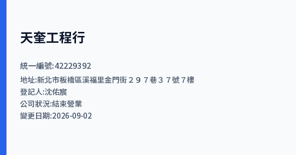 天奎工程行的照片-統編 42229392(新北市) 公司登記資料與營業項目詳細圖表