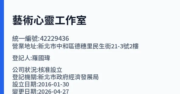 藝術心靈工作室的照片-統編 42229436(新北市) 公司登記資料與營業項目詳細圖表